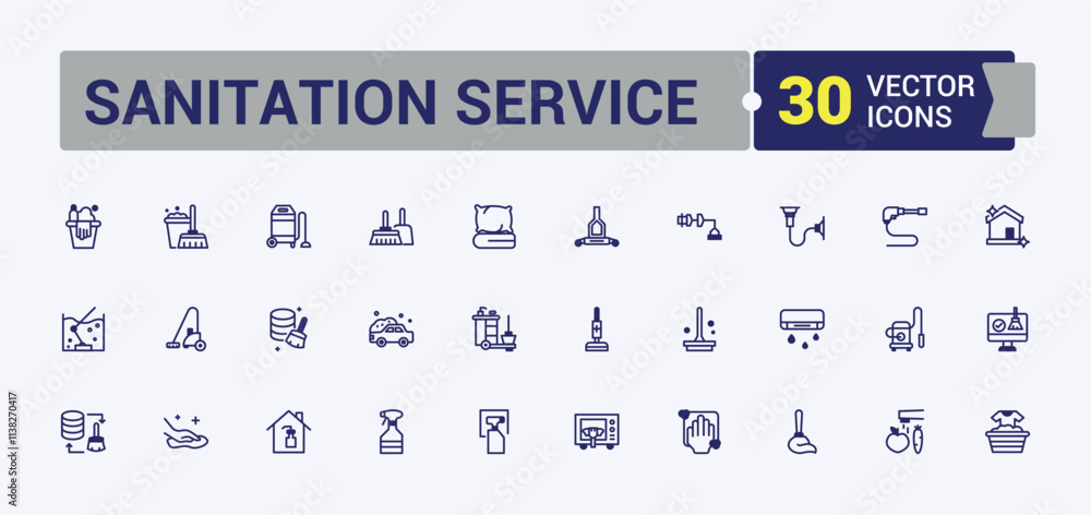 Sanitation Service icon collection. Includes thin line men, sponge ...