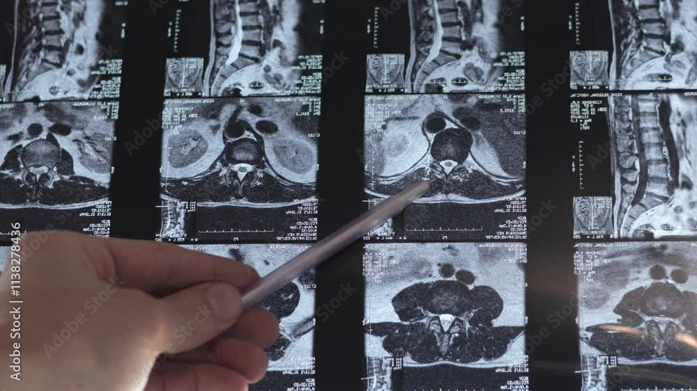 Doctor learn Magnetic resonance image of human spine. MRI of lumbar ...