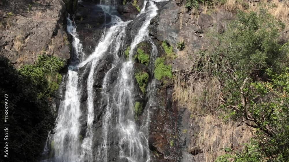 Static video waterfall stream falling down rocks and stones of mountain ...