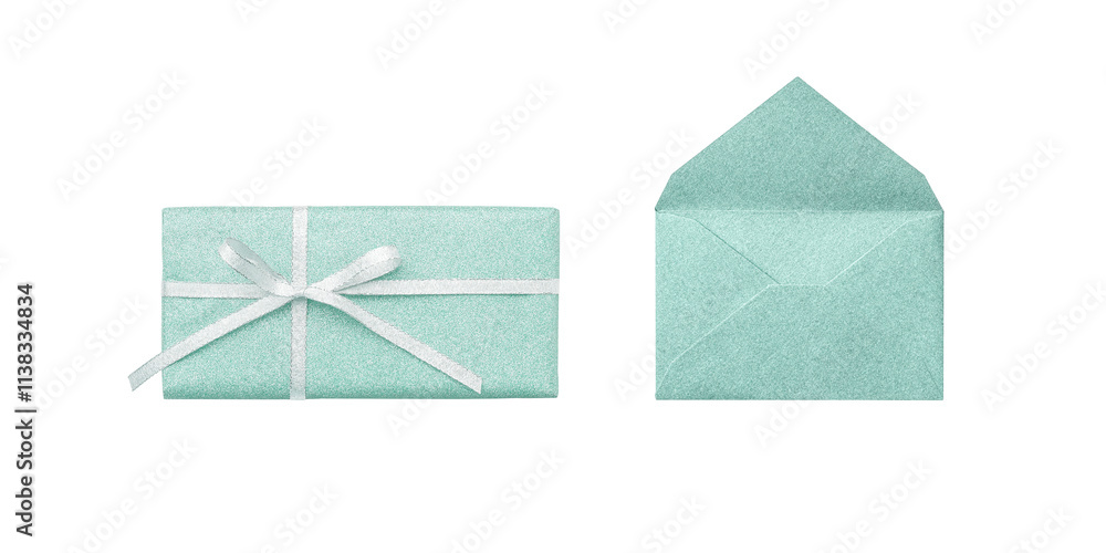 The clipping of the The clipping of the pale green gift with the ribbon ...