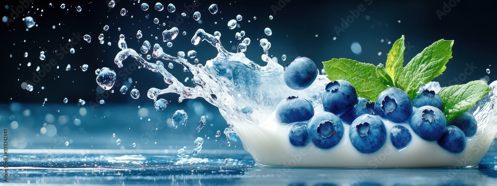 Fresh Blueberries Splashing in Creamy Liquid with Mint Leaves on a Dark ...