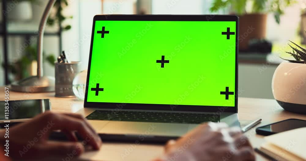 Person, hands or laptop green screen in office for business ...