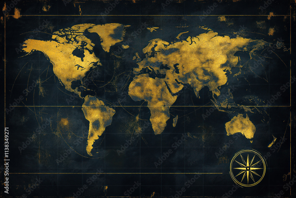 vintage golden map showing glowing continents with dark background and ...