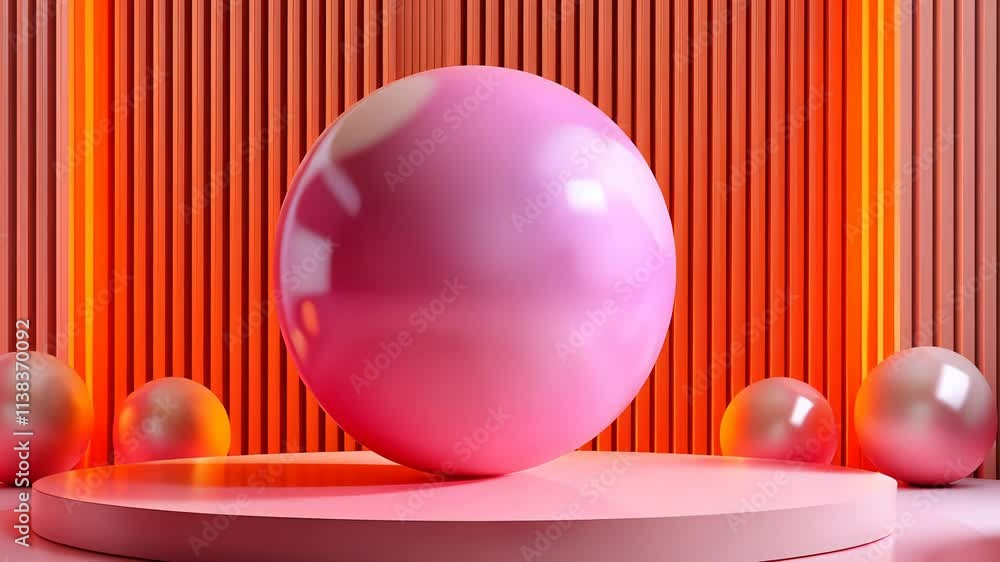 Vibrant spheres on rotating pink platforms against striped orange ...