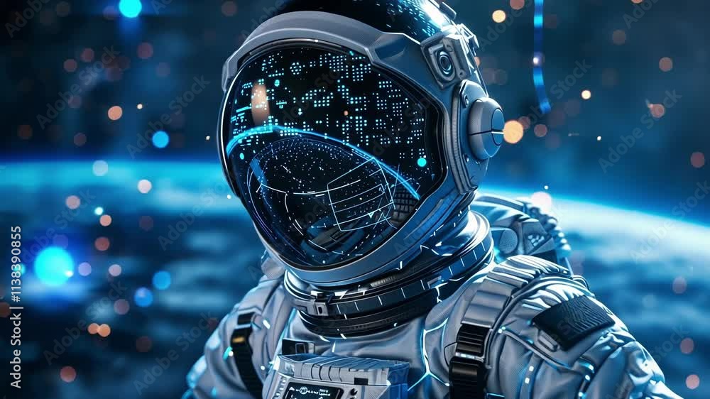 Astronaut wearing a futuristic spacesuit with a digital heads up ...