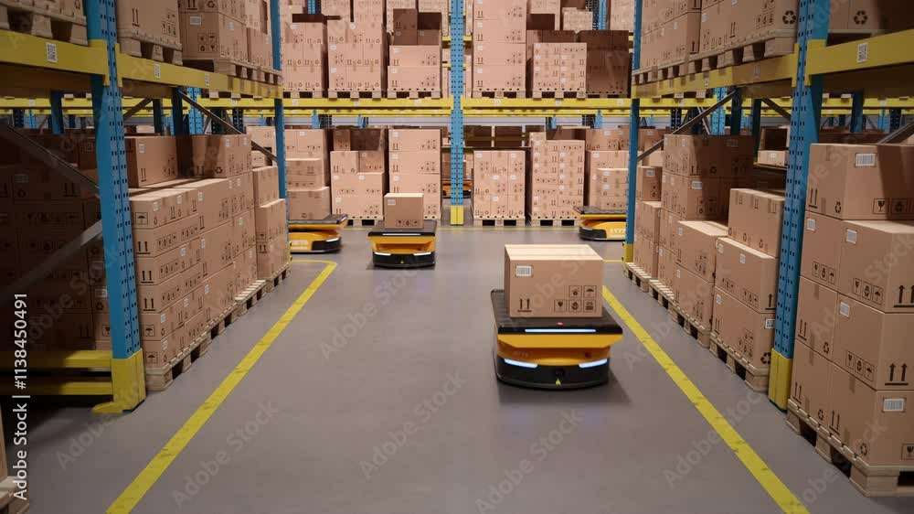 Autonomous AGV robots transporting cardboard boxes in an automated ...
