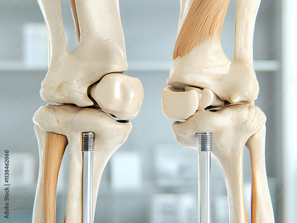 Knee joint anatomy model demonstrating prosthetic implants in medical ...