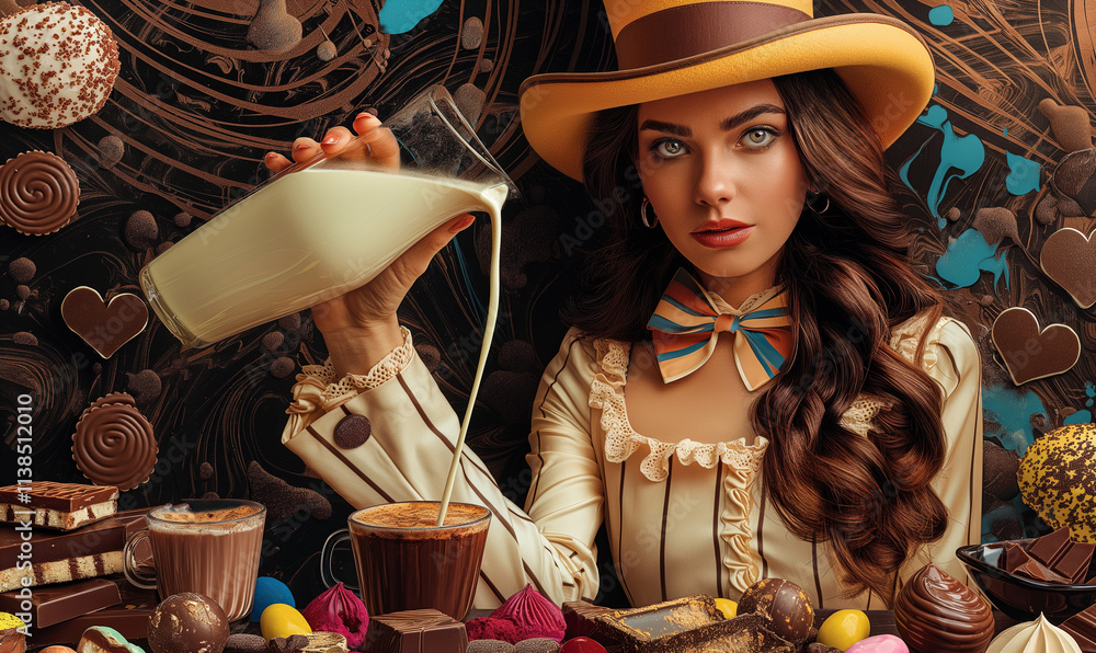 Young attractive woman in stylish clothes and sweets on a bright ...