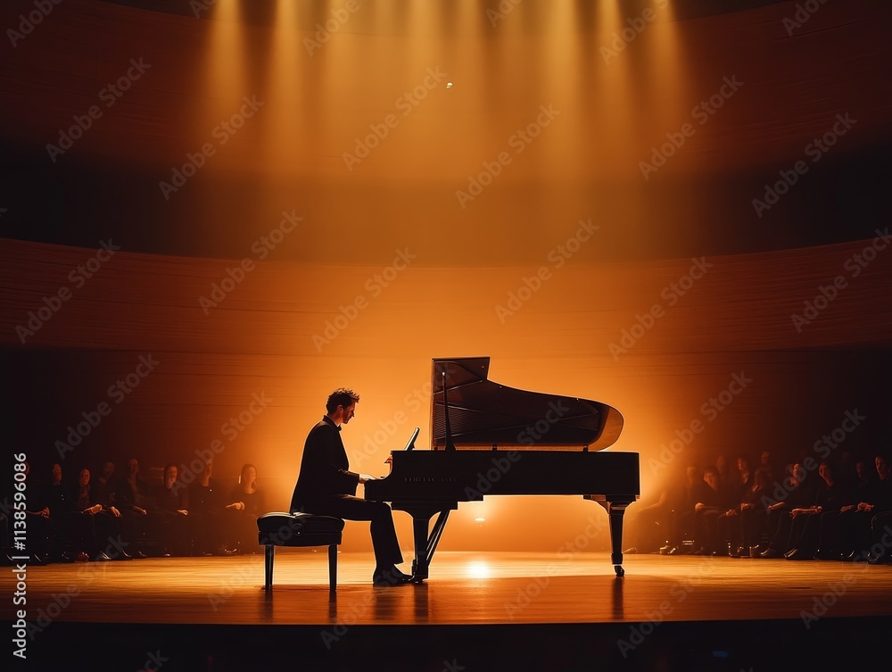 A pianist in a tuxedo performs solo on a grand piano, illuminated by a ...