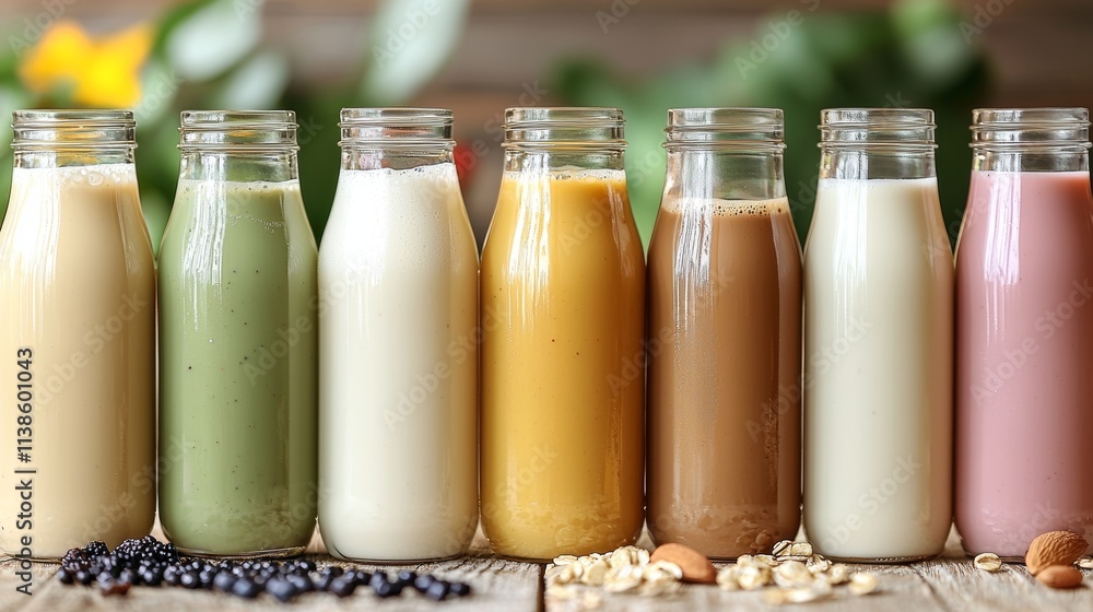 Assorted nut milk bottles in various flavors and colors, showcasing a ...