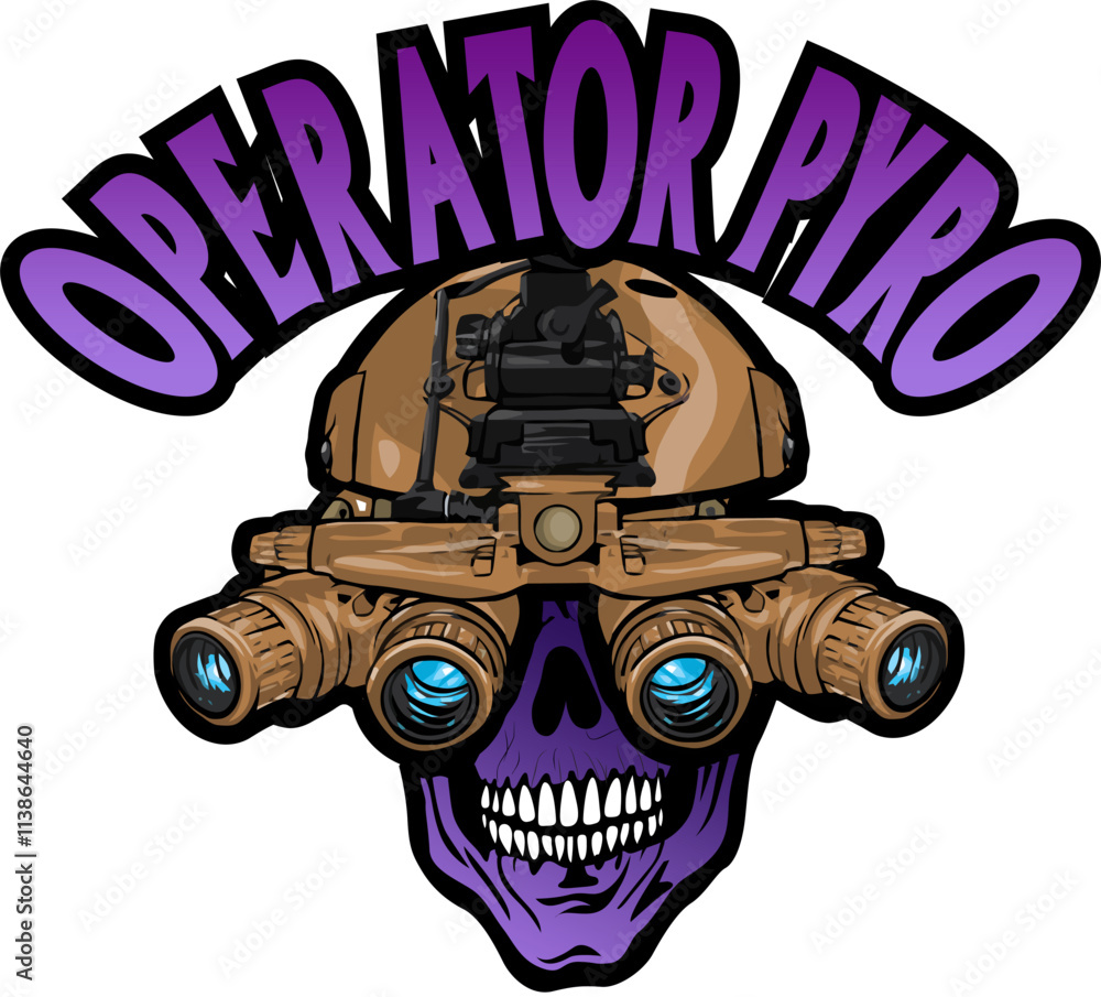 skull with a purple hue, wearing a tan military helmet equipped with ...