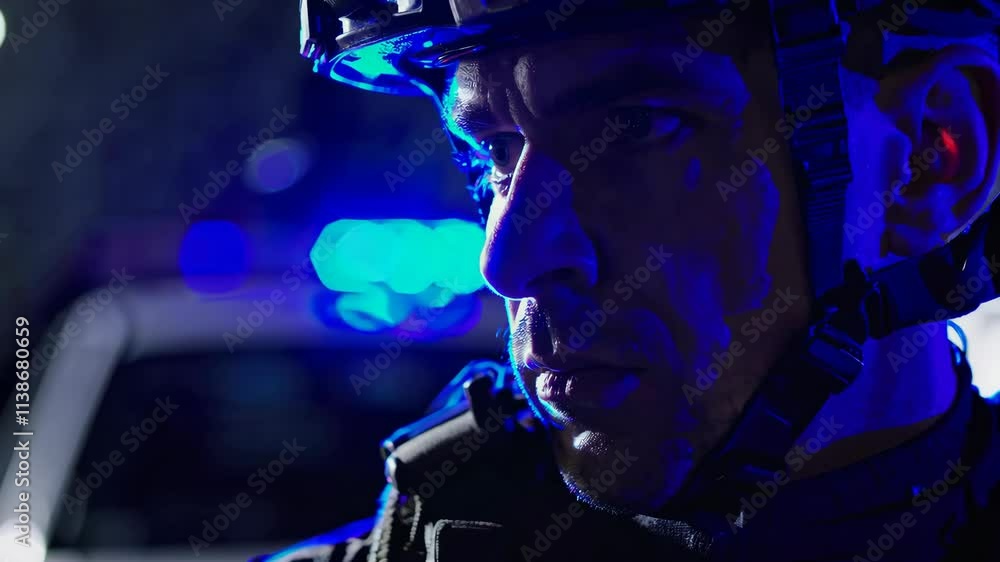 Close-up of SWAT officer in night crime scene. Police cars with ...
