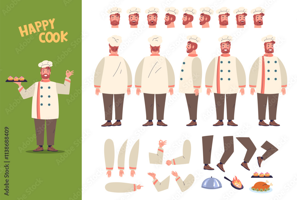 Chef animation. Chief cook character creation kit, man in hat apron ...