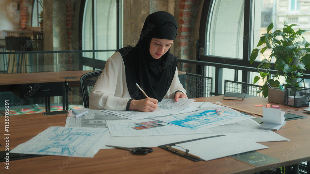 Arabian business muslim woman in hijab architecture paperwork ethnic ...