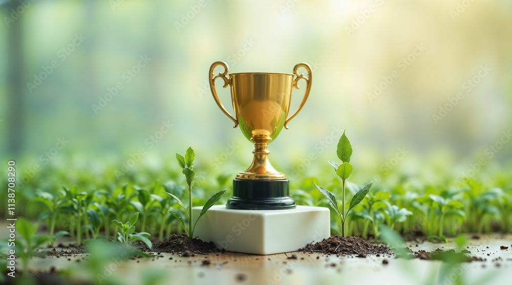 Golden trophy on the podium with green plants growing around it ...