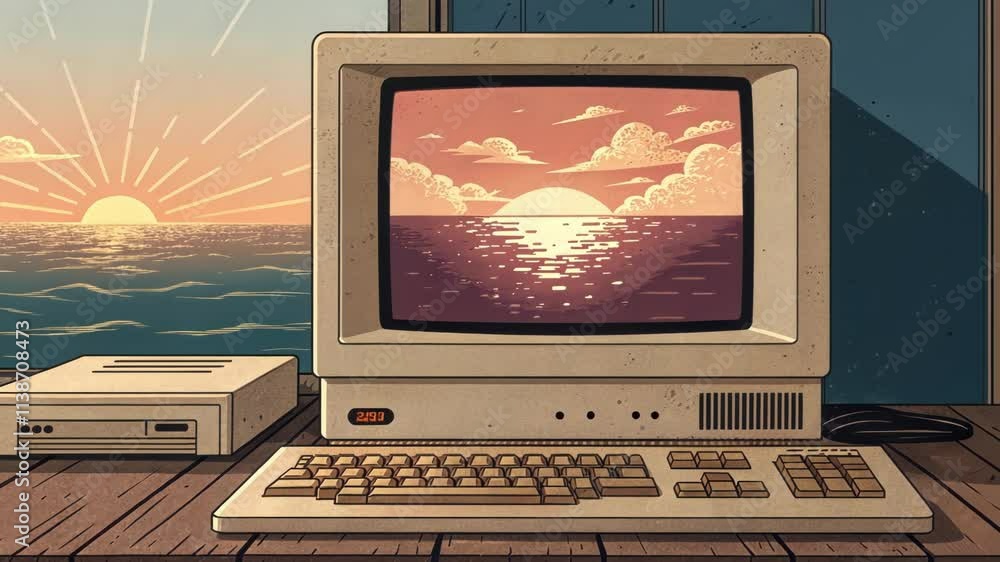 Nostalgic Pixel Art A rustic computer setup displays a minimalist ...