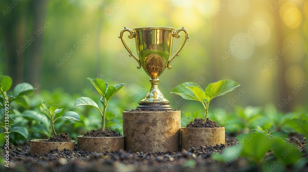 Golden trophy on the podium with green plants growing around it ...