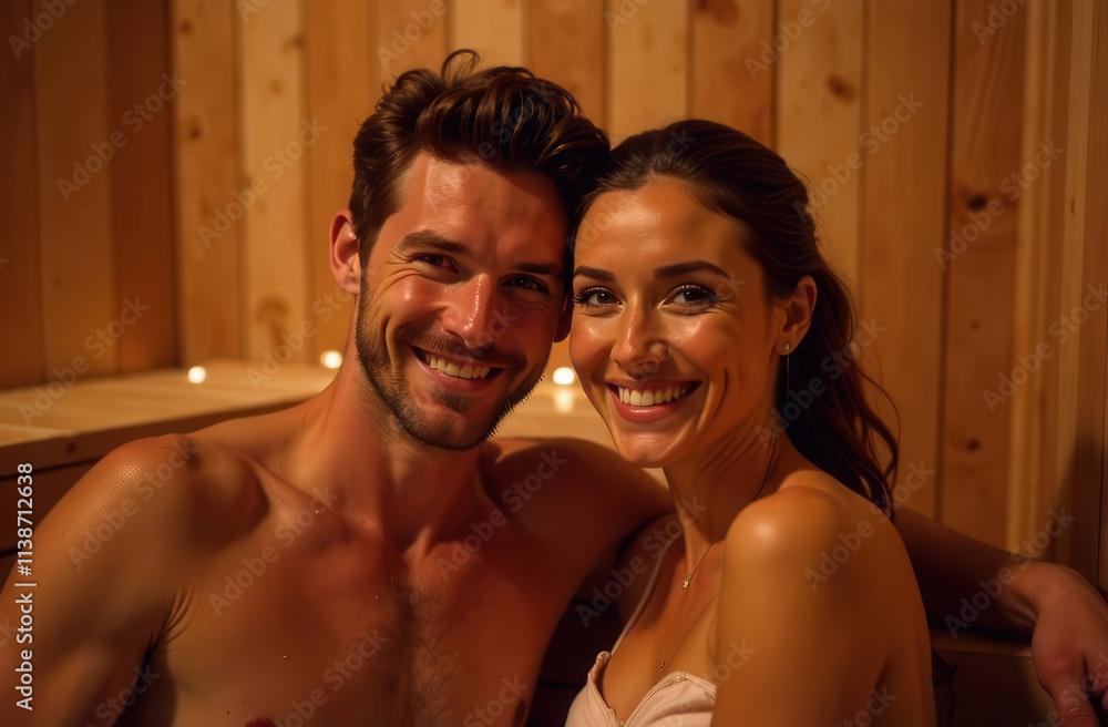 Happy couple in love relaxing in the sauna. Man and woman in a spa ...