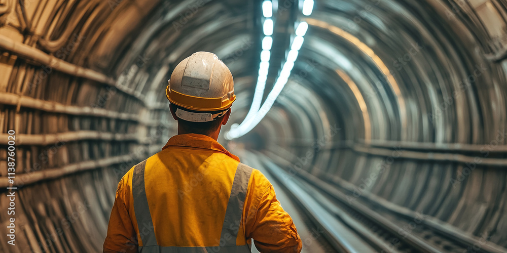 Construction worker in a yellow jacket and hard hat in a brightly lit ...