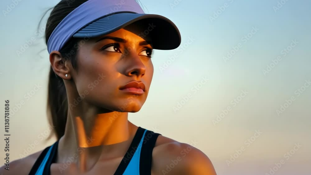 Female athlete in activewear gazing into the distance during sunset at ...