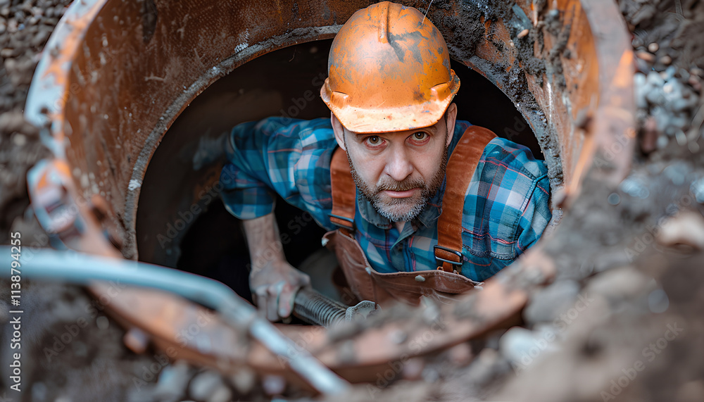 working plumber opens a sewer hatch. Maintenance of septic tanks and ...