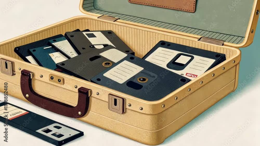 Floppy Disk Wonderland The suitcase styled in a warm beige exudes ...