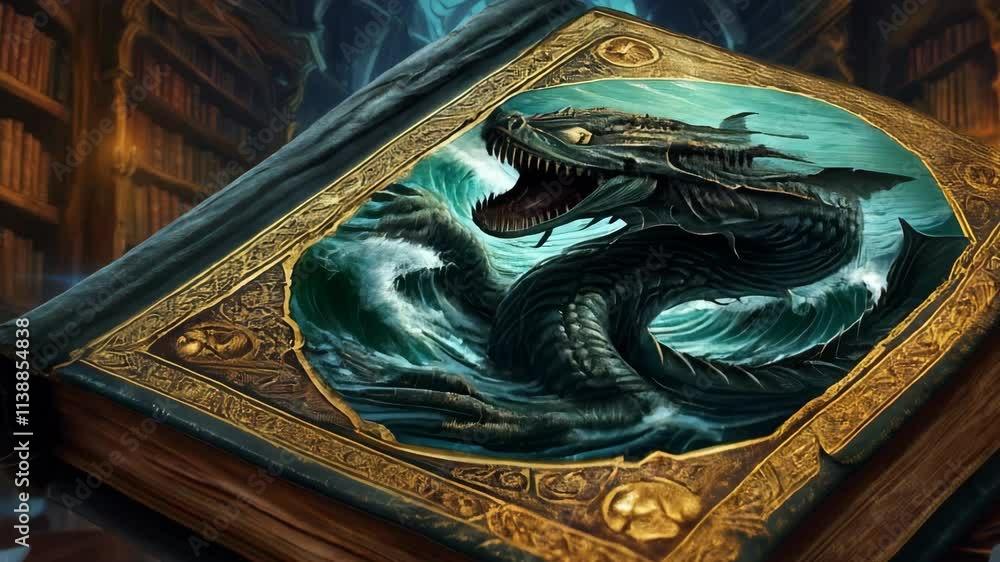 Ancient book lies open, revealing a terrifying sea monster coming to ...