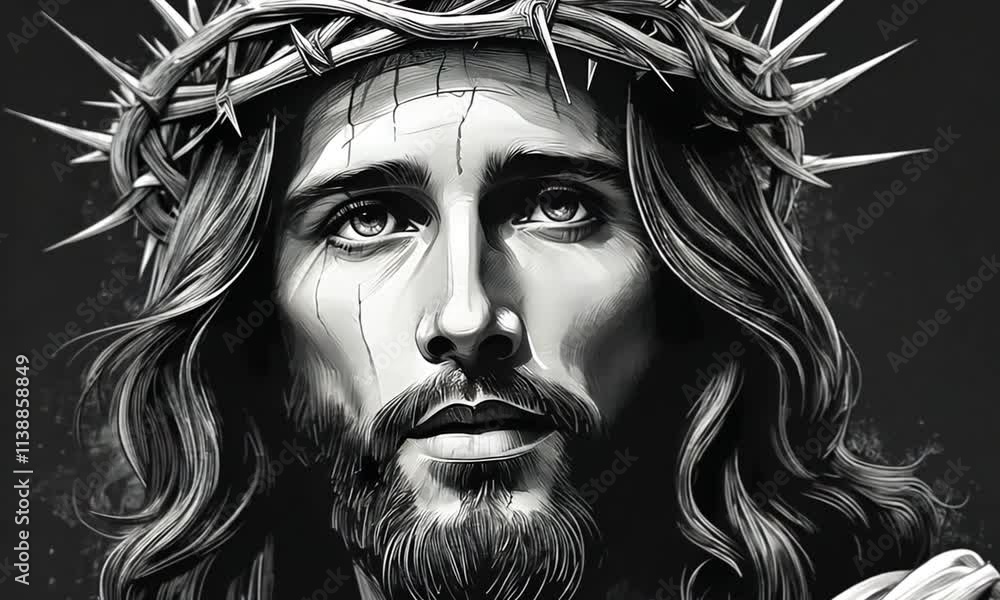 Portrait of Jesus Christ in black and white illustration. Jesus Christ ...