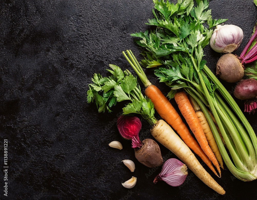 Variety of root garden vegetables carrot, garlic, purple onion ...