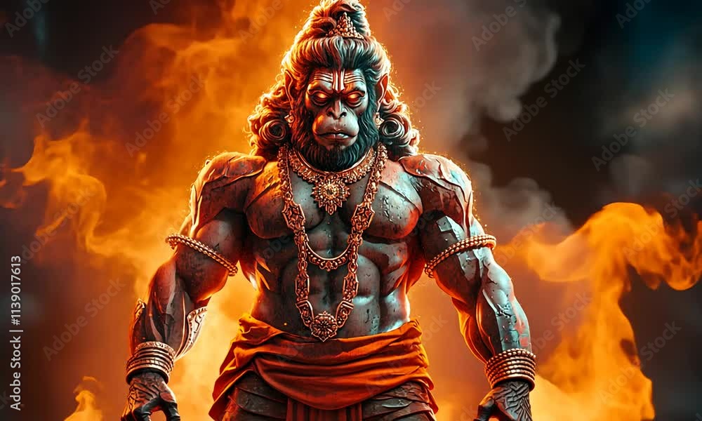 Lord Hanuman Fierce Look with Glowing Eyes, Cosmic Orange and Black ...