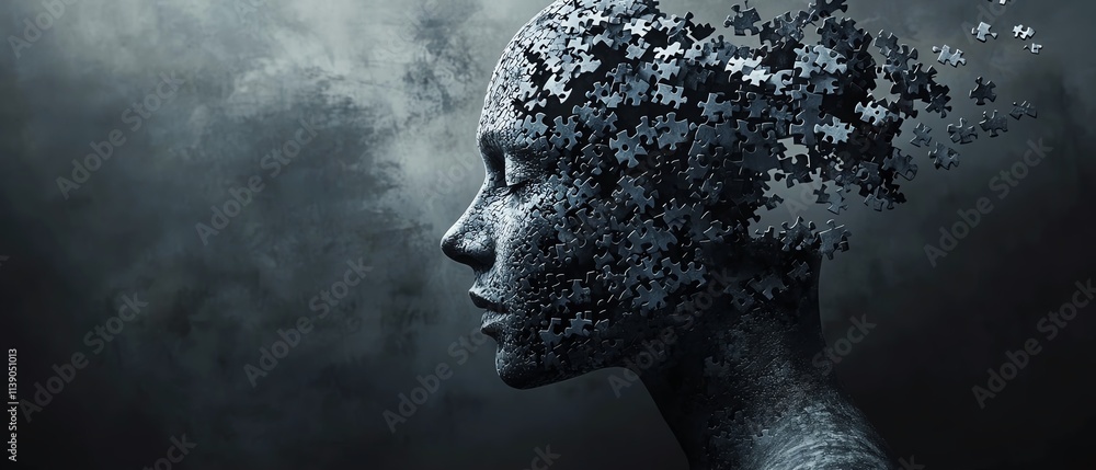 Human head breaking apart with puzzle pieces, showcasing a ...