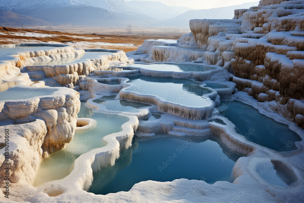 Highlights stunning allure of Pamukkale in Turkey, featuring cascading ...