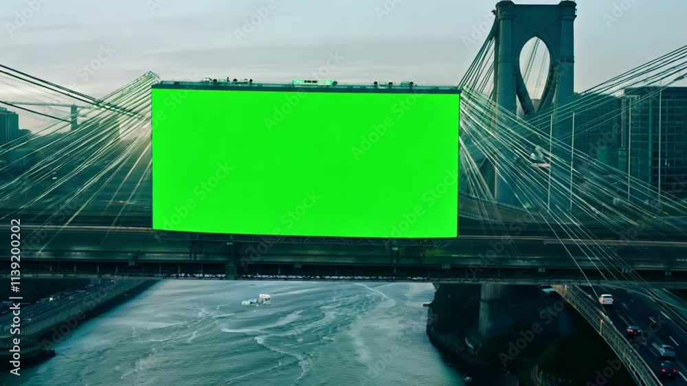 Floating Green Screen Billboard Above a Busy Suspension Bridge Stock ...