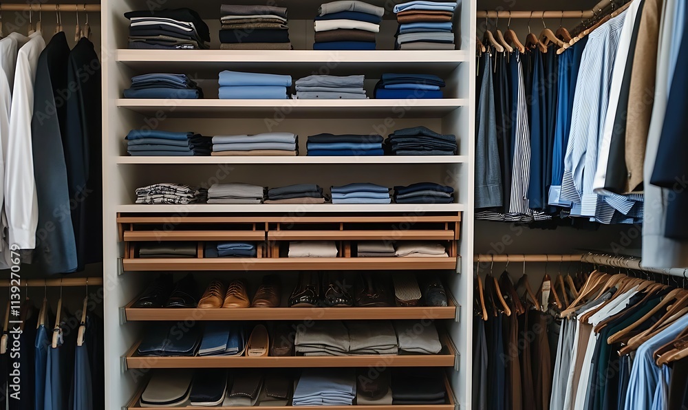 Modern, well-organized walk-in closet is showcasing neat shelves and ...