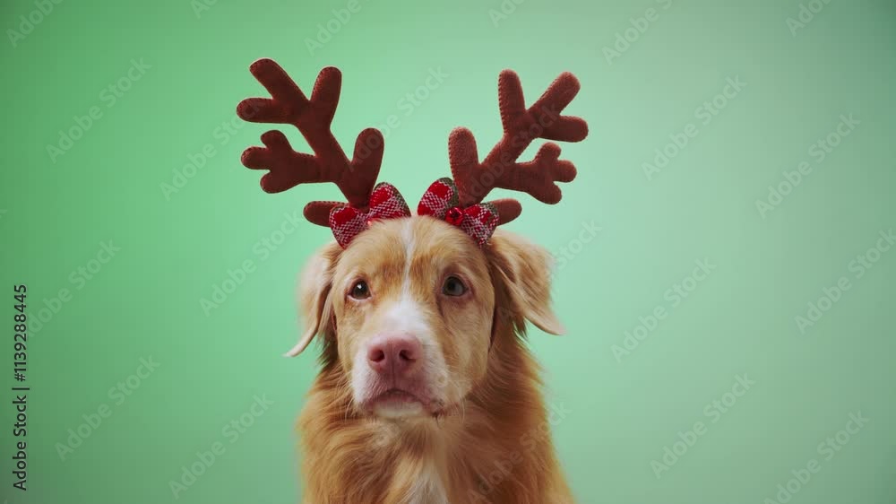 A Nova Scotia Duck Tolling Retriever poses wearing red festive reindeer ...
