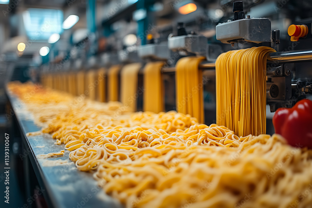 Pasta being made in an industrial factory, with fresh dough being ...
