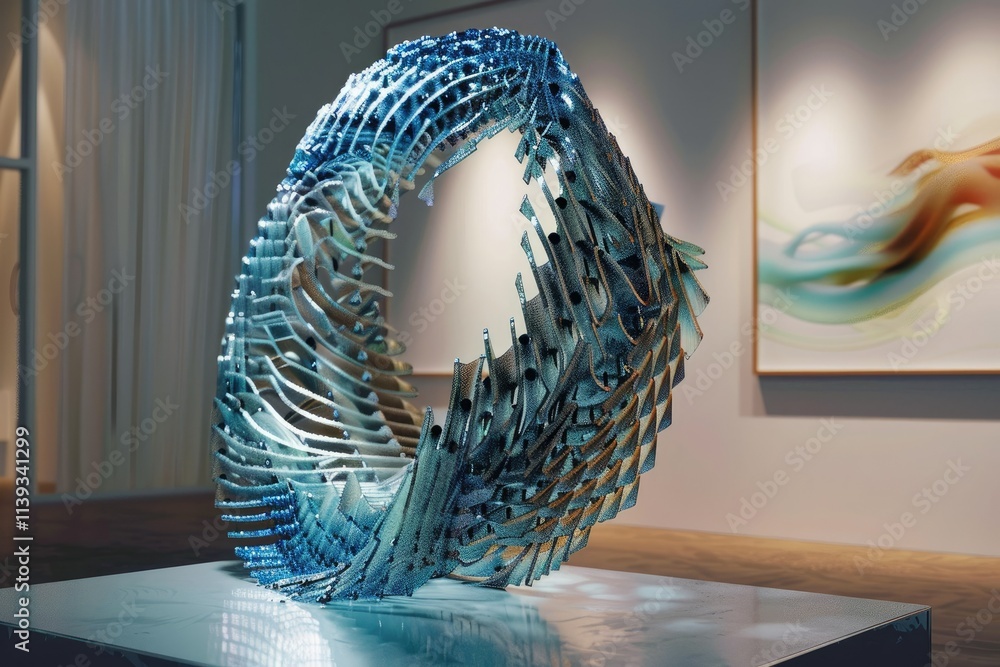 Digital Pixel Whirl Transforming Into 3D Sculpture Within Gallery ...