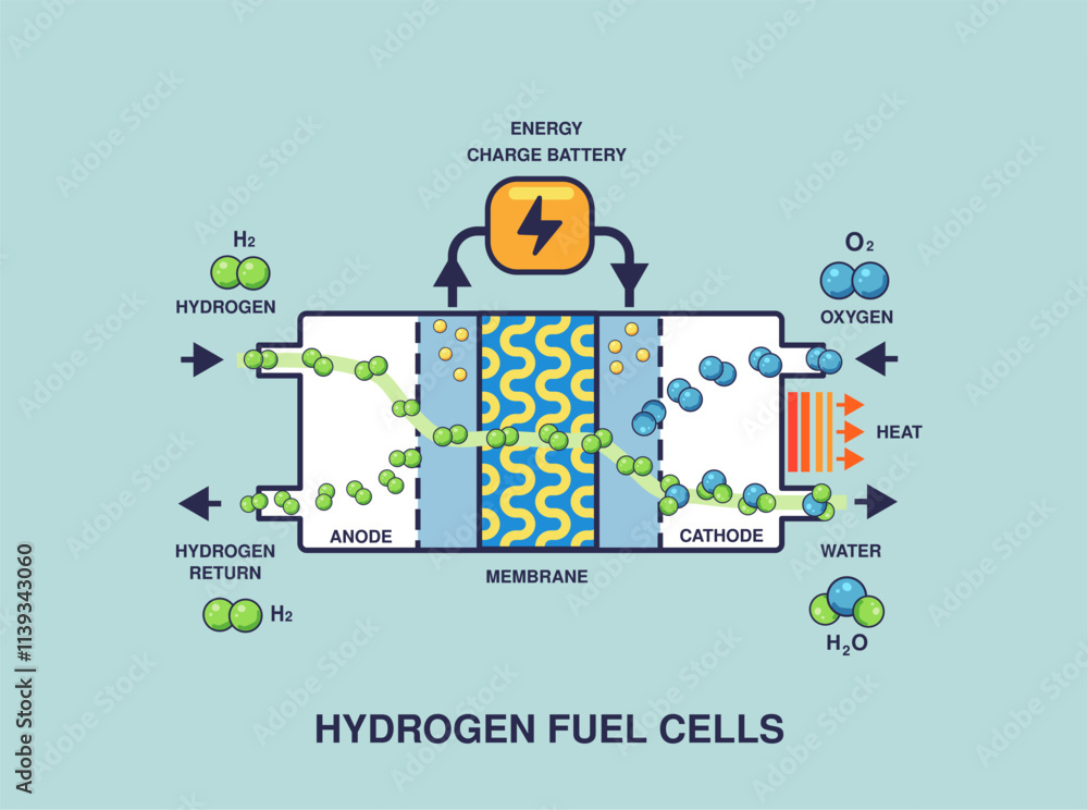 Póster Vector illustration of Hydrogen fuel cells work principle with ...