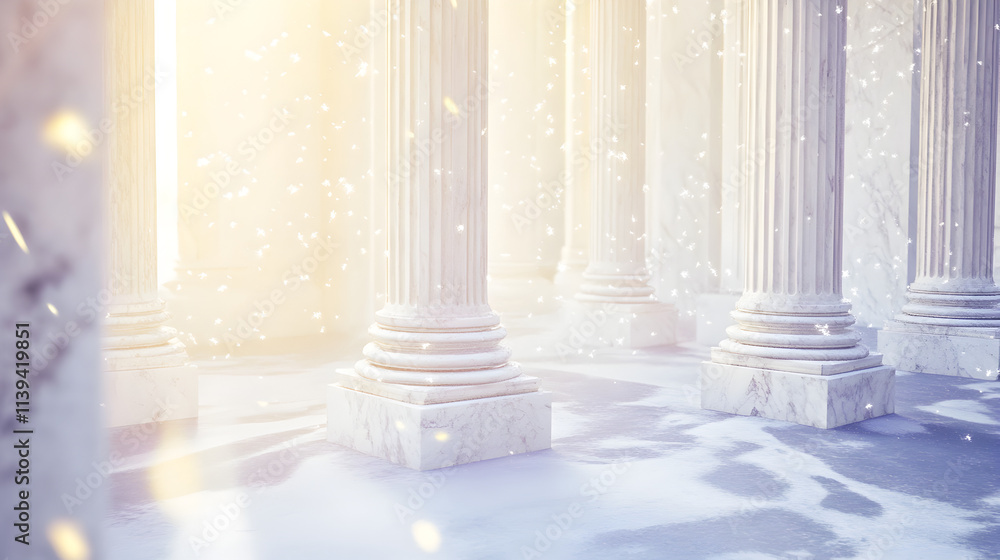A white building with pillars and snow on the ground. The pillars are ...