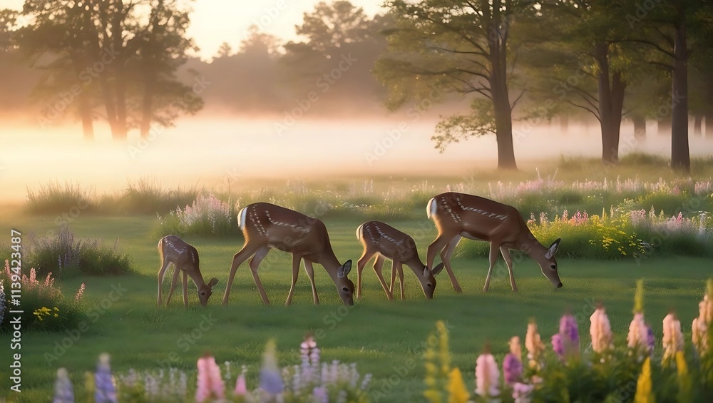 Peaceful Forest Clearing Background at Dawn with Grazing Deer ...