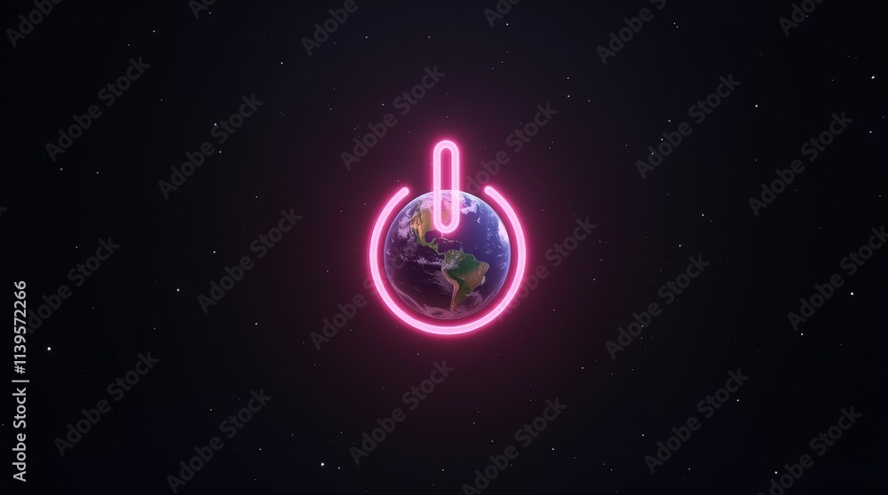 Planet Earth with neon pink power button symbol on a dark outer space background. Global ...