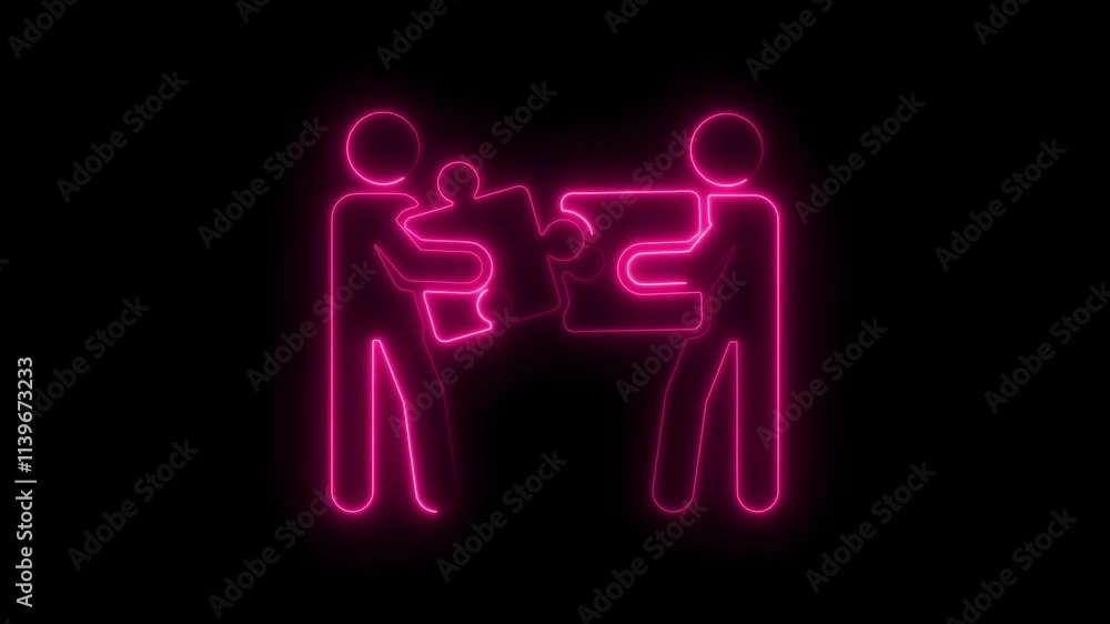 Animated Neon Glowing Stick Figures Connecting Puzzle Pieces ...