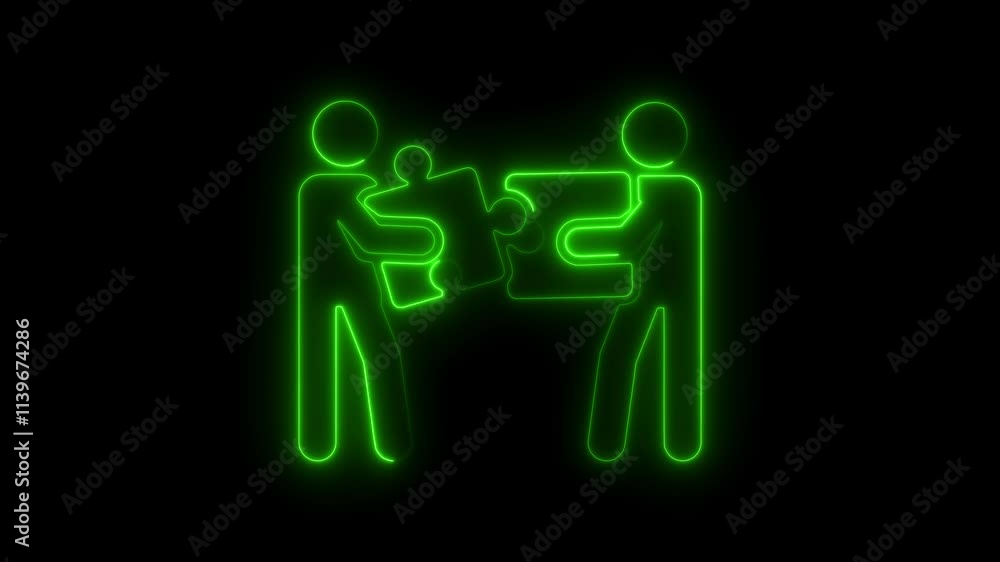 Animated Neon Glowing Stick Figures Connecting Puzzle Pieces ...