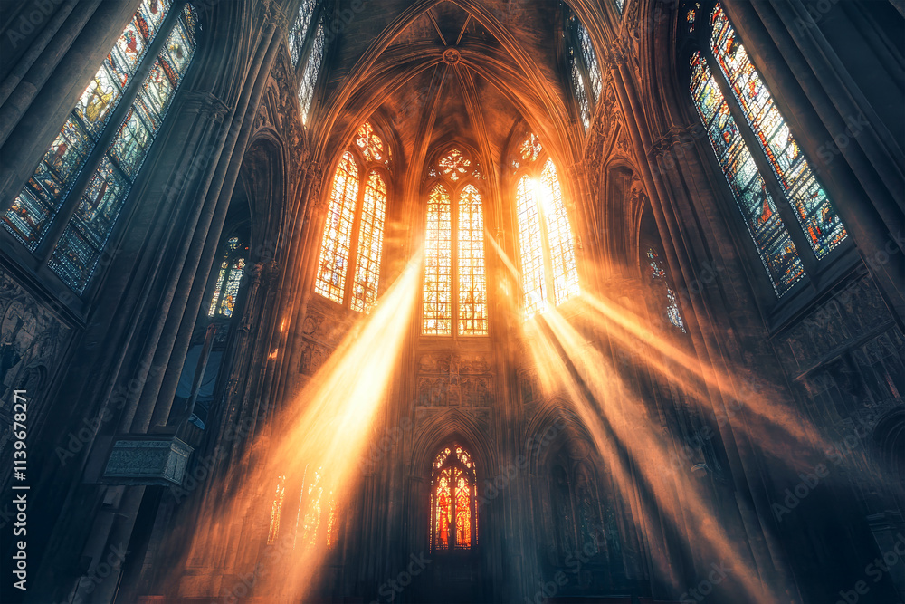 Sunlight streams through stained glass windows, illuminating the ...