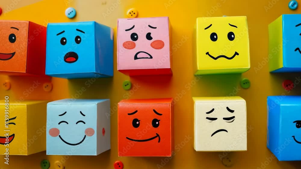 A row of colorful blocks with faces on them, including a happy face ...