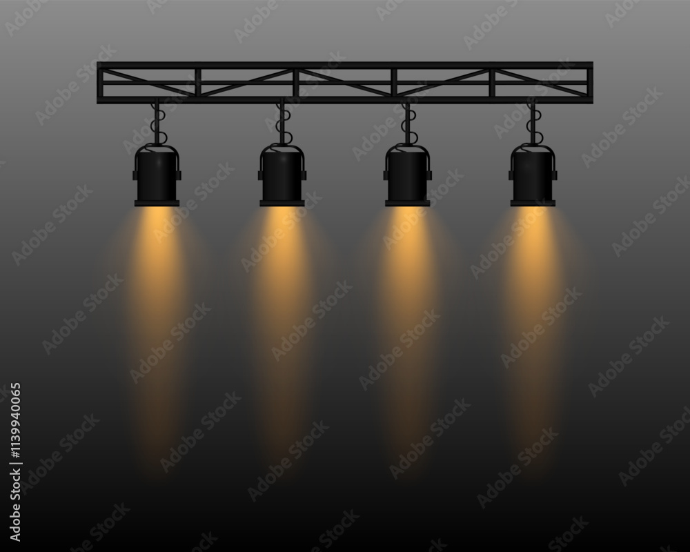 Spotlight set. Four stage lights golden beams, hanging from a truss ...