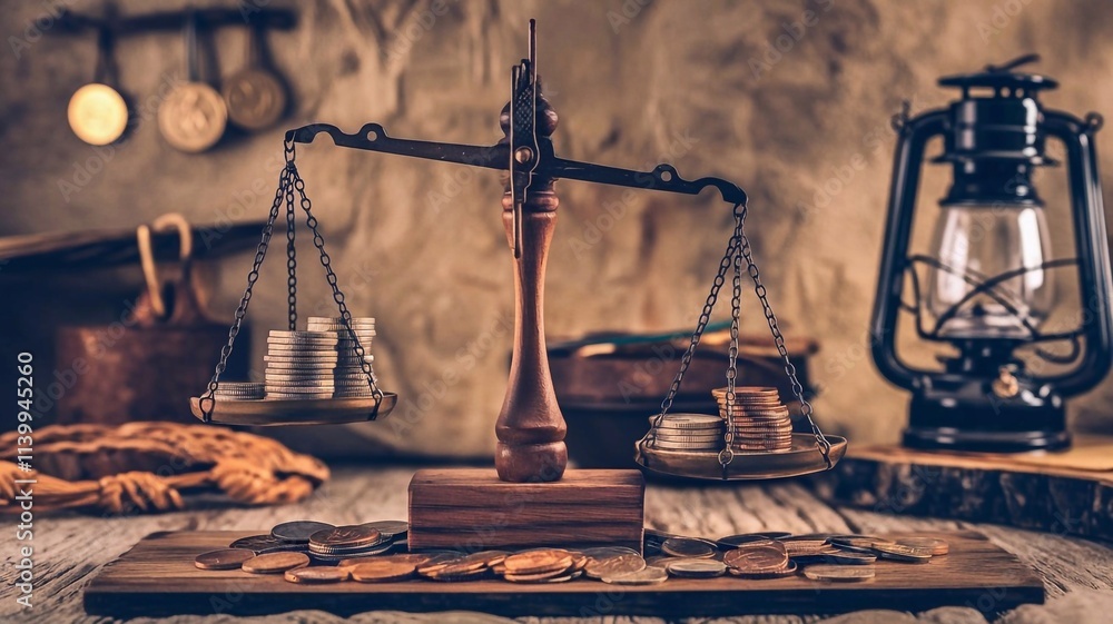 Coins perfectly balanced on a wooden scale, symbolizing financial ...