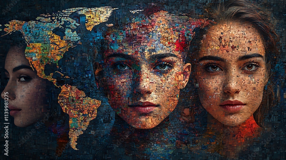 A seamless mosaic of faces forming a map of the world, each portrait ...