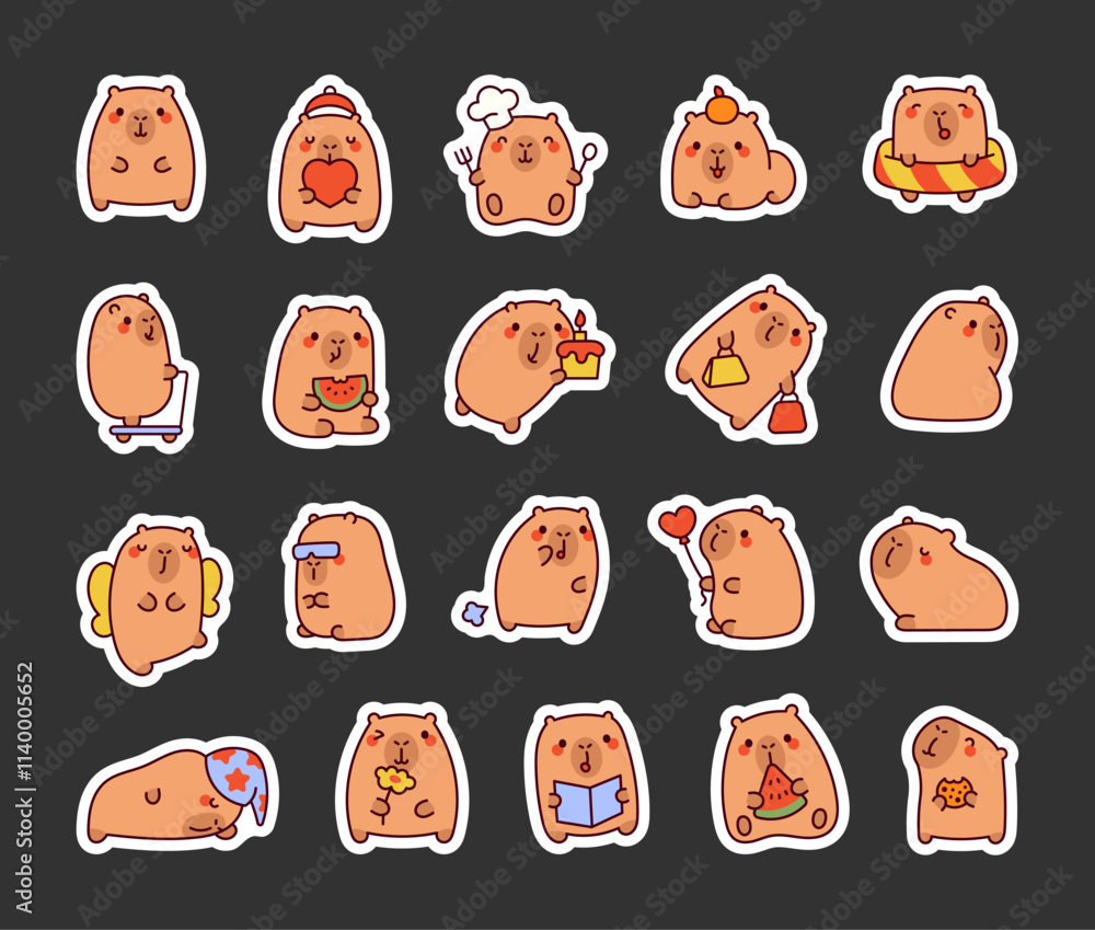 Poster Set of square capybara cute kawaii cartoon characters with happy ...