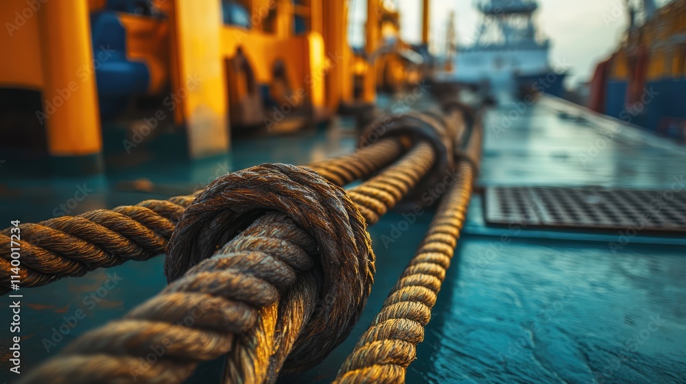 Textured ship cable on deck with blurred vessel in background ...